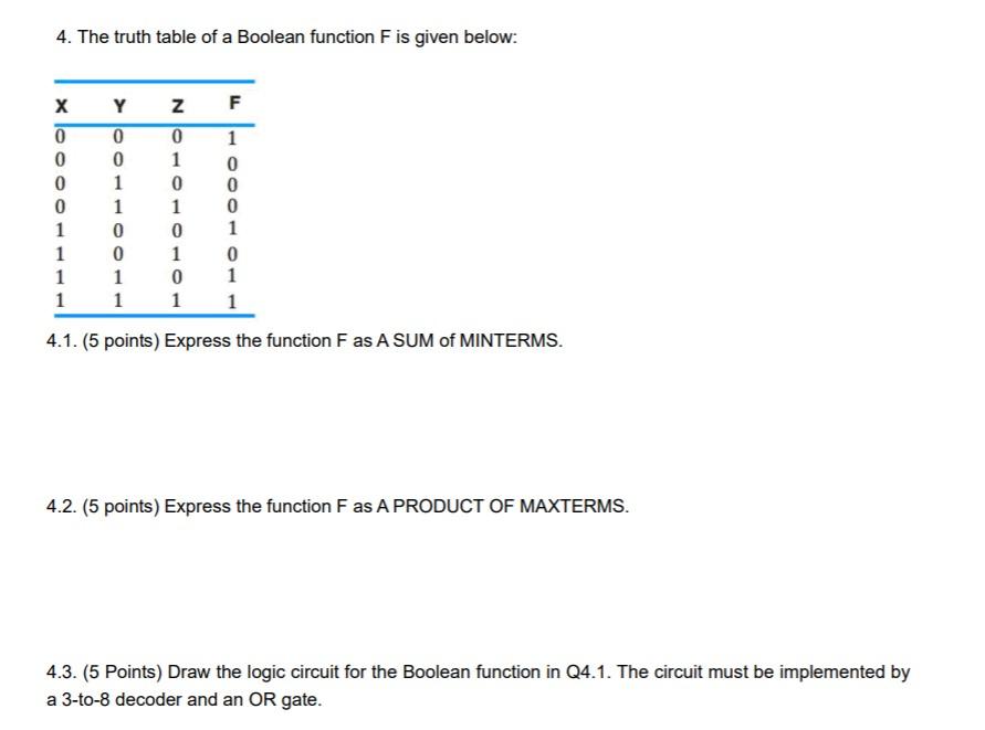 Solved 4. The truth table of a Boolean function F is given | Chegg.com