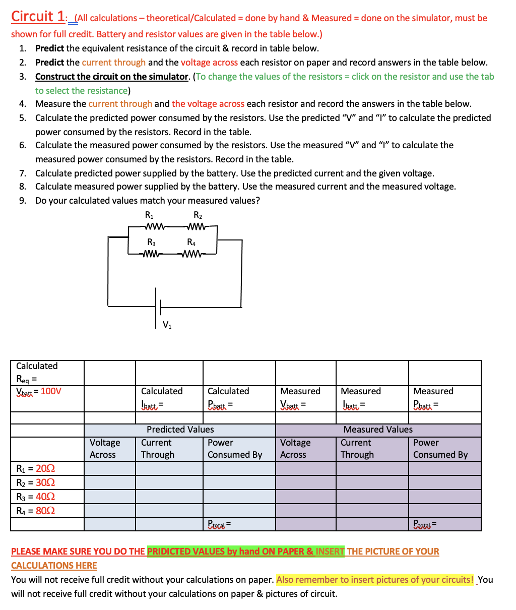 Circuit 1: (All calculations - theoretical/Calculated | Chegg.com