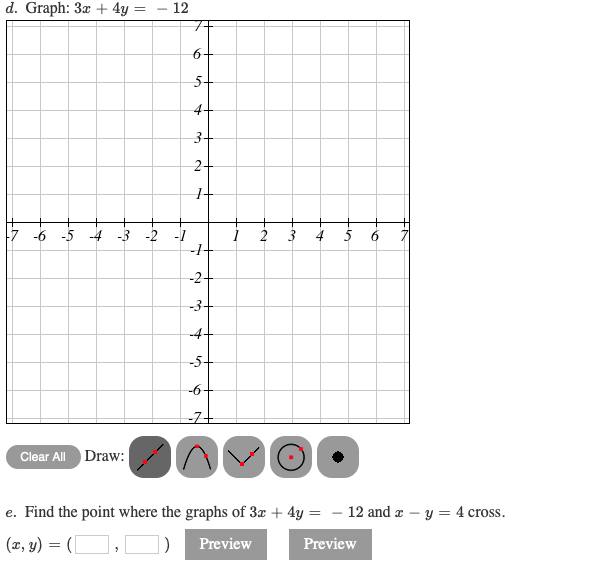 Solved d. Graph: 3x + 4y = - 12 3 4 5 6 Clear All Draw: e. | Chegg.com