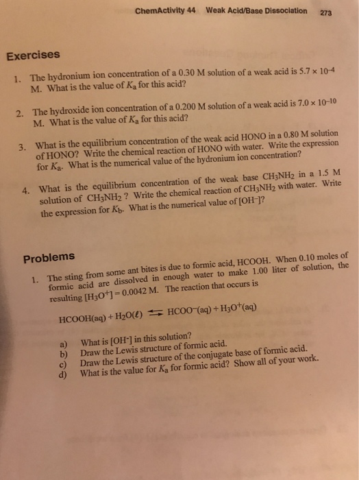 Solved ChemActivity 44 Weak Acid/Base Dissociation 273 | Chegg.com