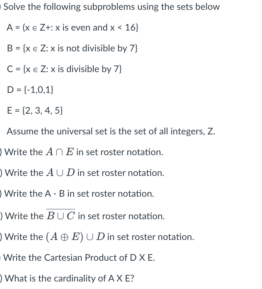 Solved Solve the following subproblems using the sets below | Chegg.com