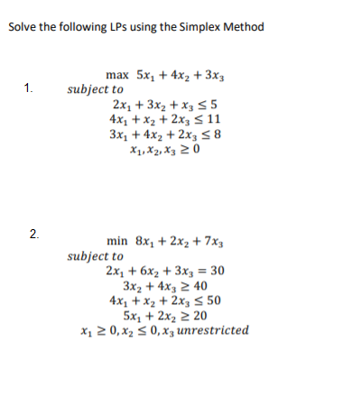 Solve the following LPs using the Simplex Method 1. | Chegg.com