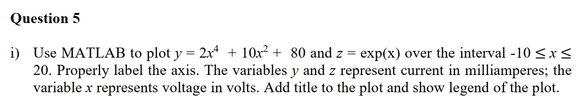 Solved Question 5 i) Use MATLAB to plot y = 2x4 + 10x2 + 80 | Chegg.com