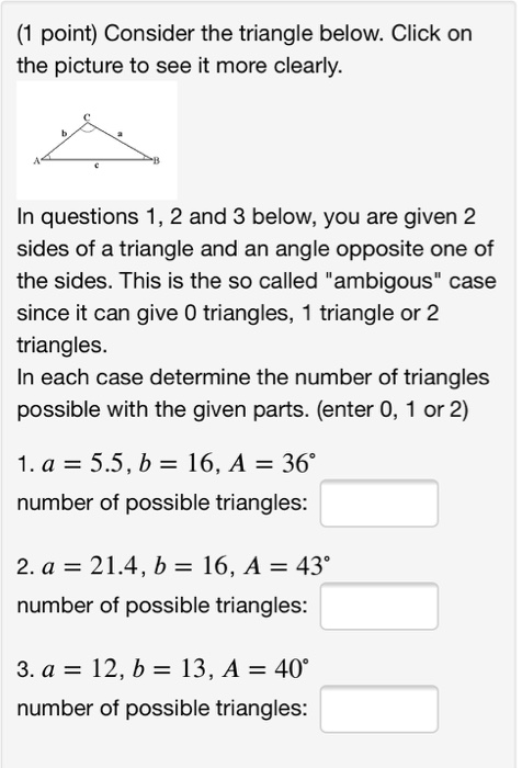 Solved (1 point) Consider the triangle below. Click on the | Chegg.com