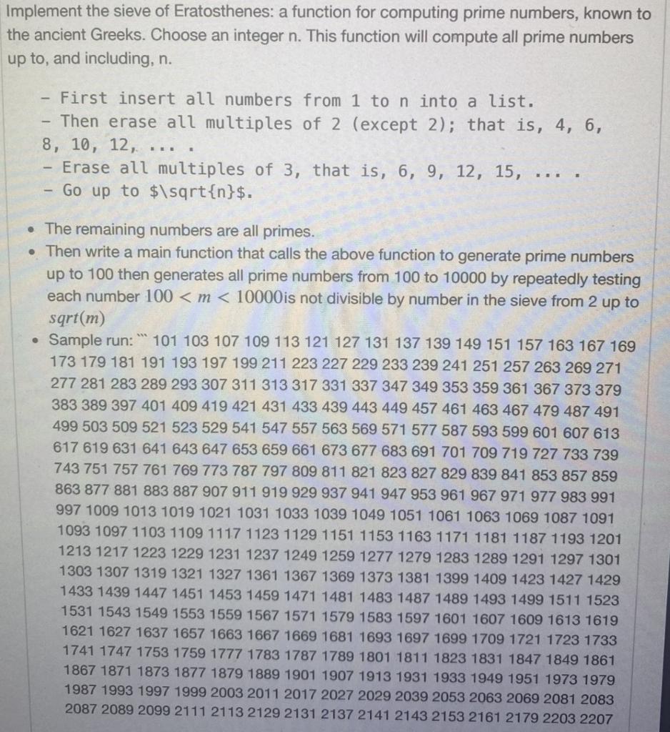 Solved Implement the sieve of Eratosthenes: a function for | Chegg.com
