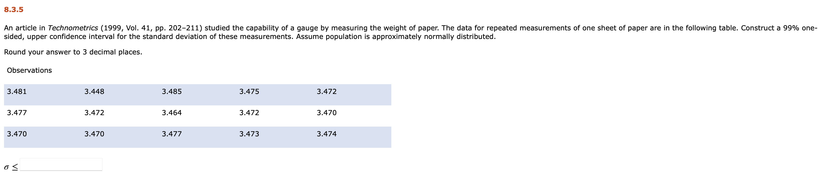 Solved 8.3.5 An article in Technometrics (1999, Vol. 41, pp. | Chegg.com