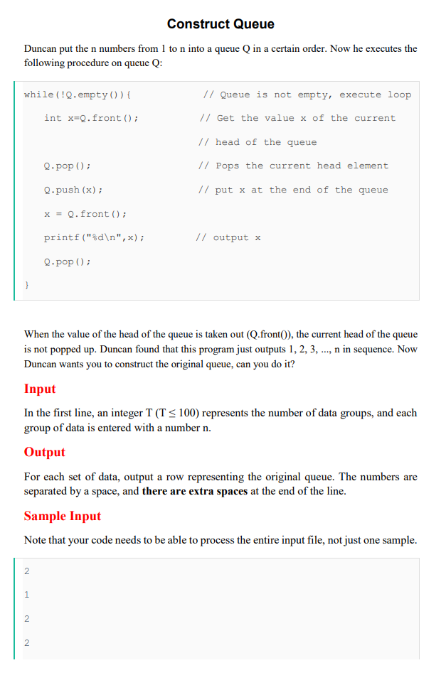 Solved Construct Queue Duncan put the n numbers from 1 to n | Chegg.com