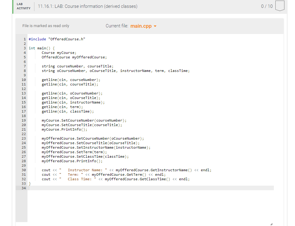 Solved Given main0, define a Course base class with | Chegg.com