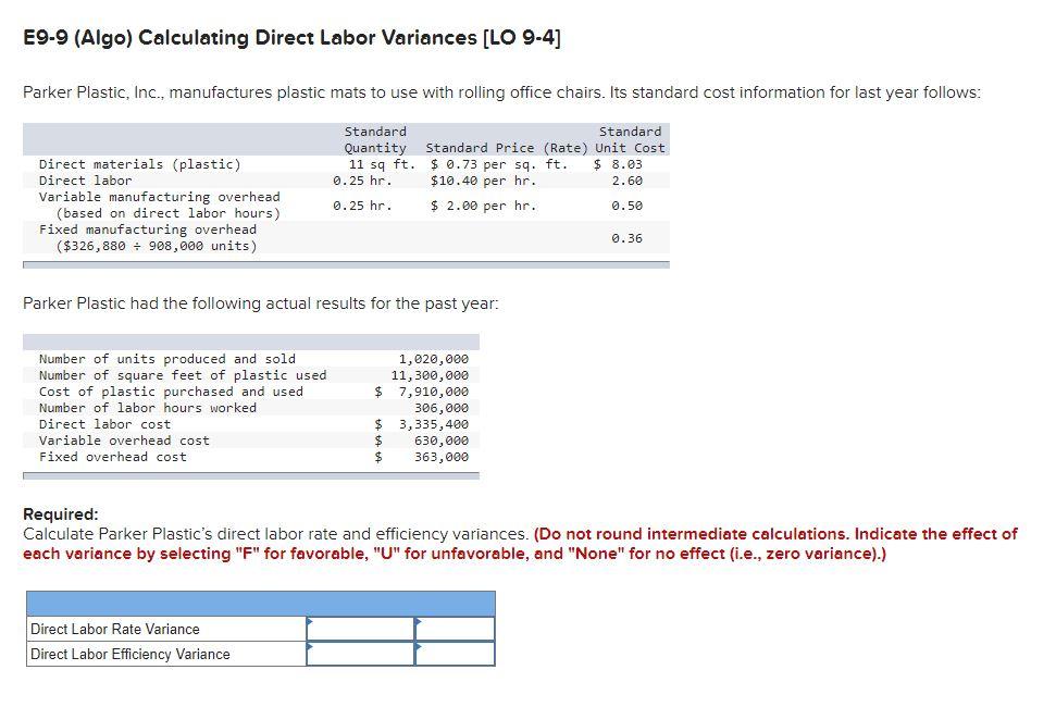 Solved E9-9 (Algo) Calculating Direct Labor Variances [LO | Chegg.com