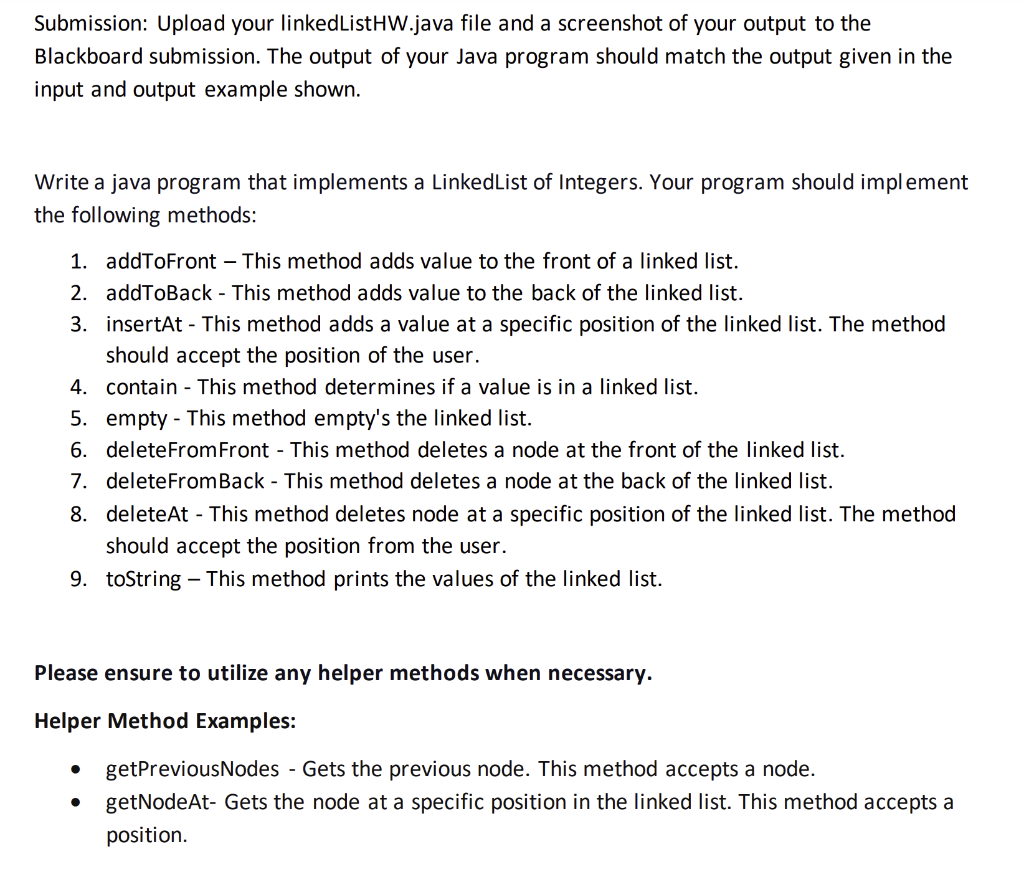 Submission: Upload your linkedListHW.java file and a | Chegg.com