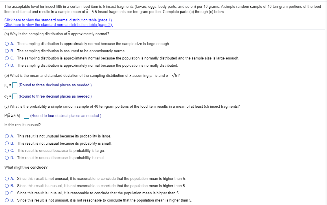 Solved The acceptable level for insect filth in a certain | Chegg.com