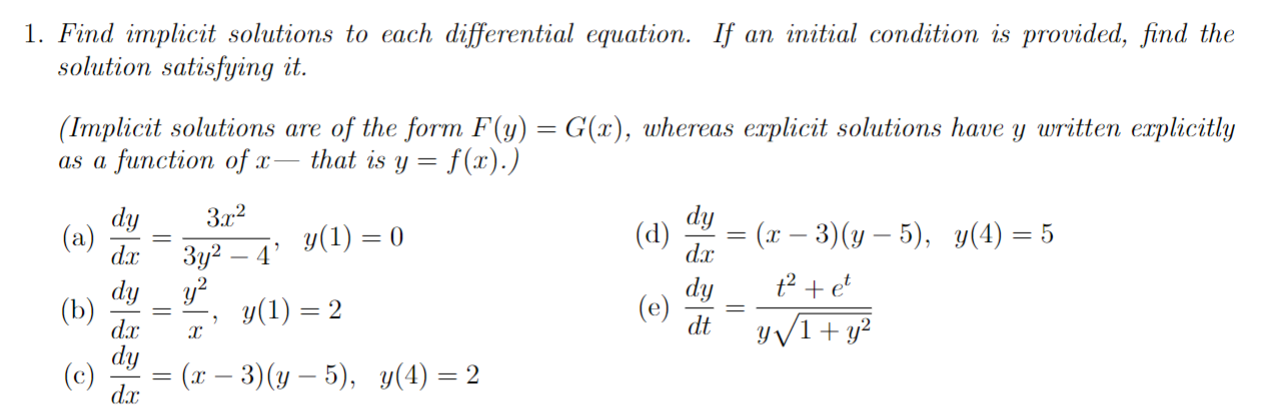 Solved 1. Find implicit solutions to each differential | Chegg.com