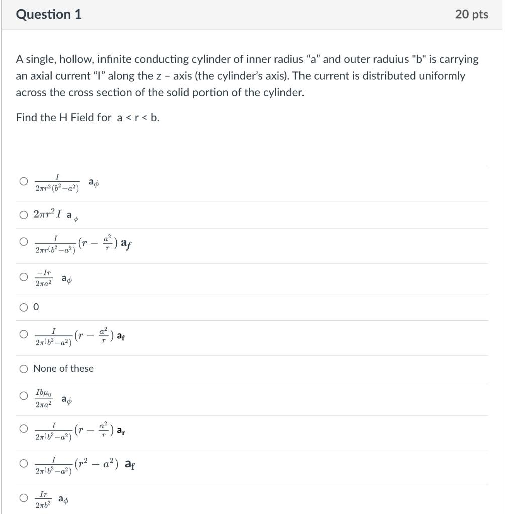 Solved 20 pts Question 1 A single, hollow, infinite | Chegg.com