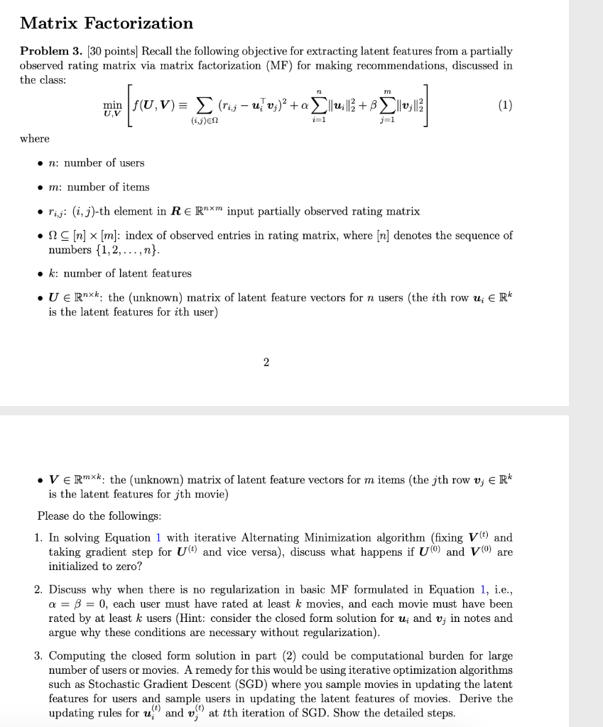 Matrix Factorization Problem 3. [30 points) Recall | Chegg.com