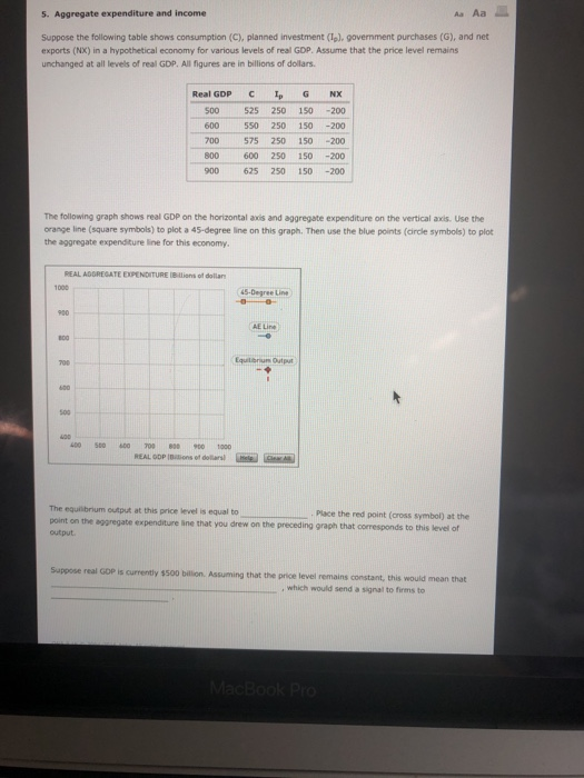 Solved 5. Aggregate expenditure and income Aa Aa Suppose the | Chegg.com