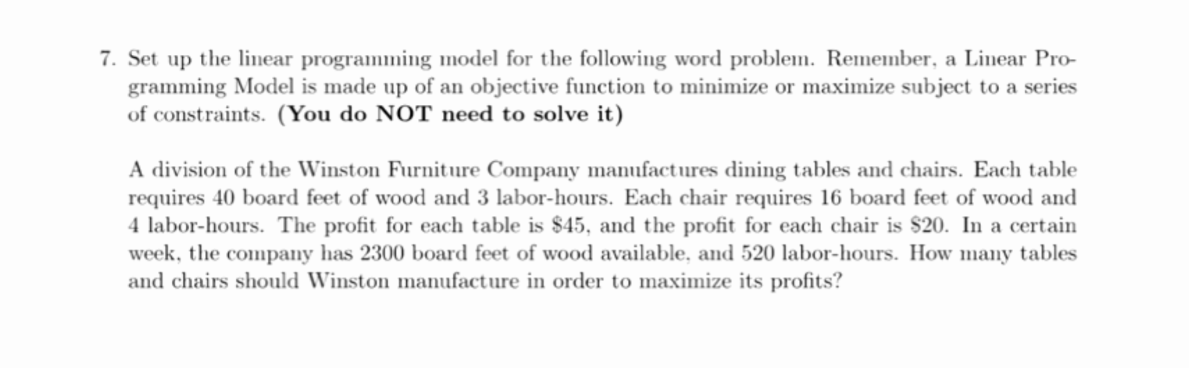 Solved 7. Set up the linear programming model for the | Chegg.com
