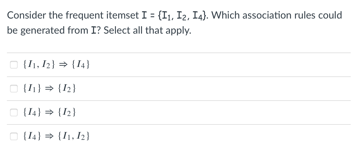 Solved - Consider the frequent itemset I = {I1, I2, I4}. | Chegg.com