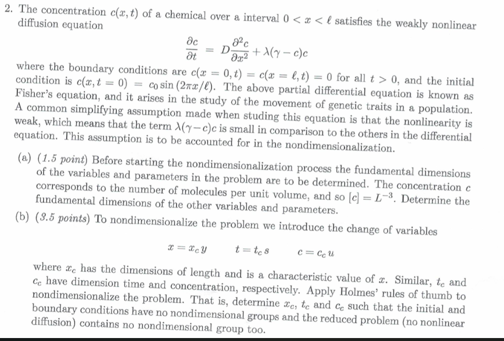 2. The concentration c(x,t) of a chemical over a | Chegg.com