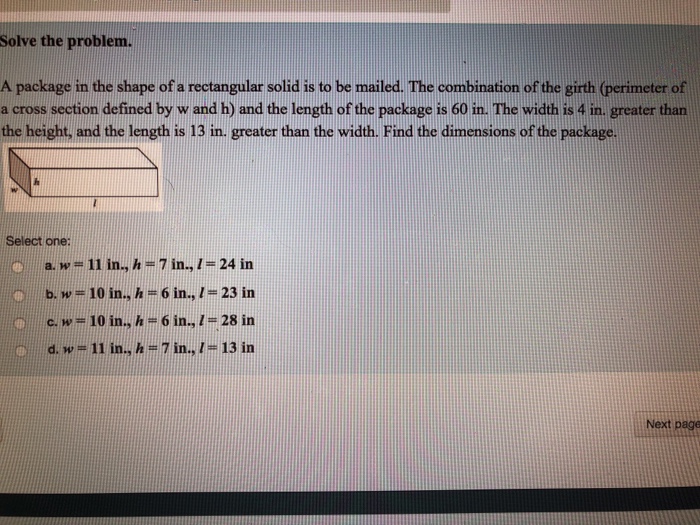Solved Solve the problem. A package in the shape of a | Chegg.com