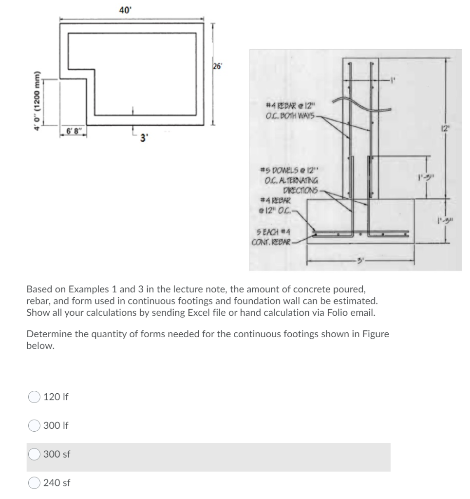 Solved 40 26 10" (1200 mm) #4 REBAR 12" O.C. BOTH WAYS 6'8". | Chegg.com