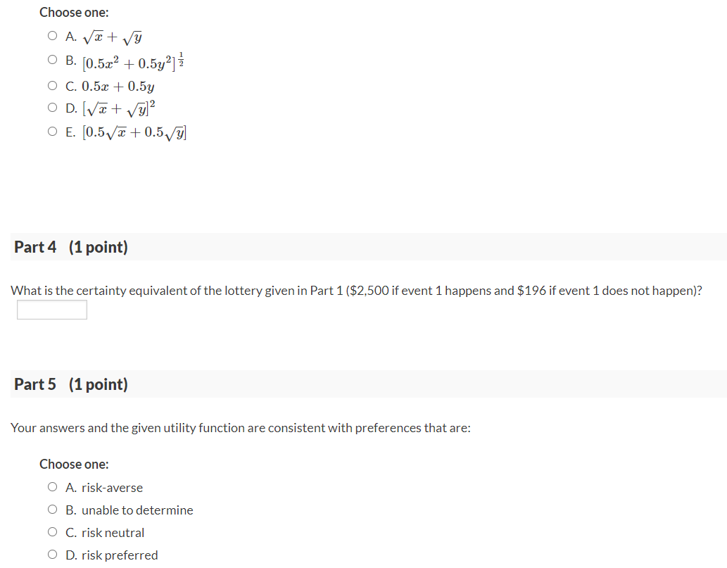 Solved 3 Question (5 points) The certainty equivalent of a | Chegg.com