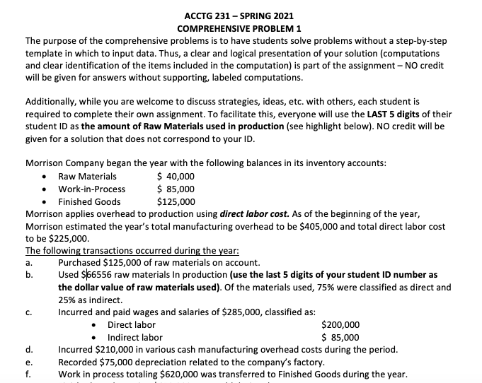 Solved ACCTG 231 - SPRING 2021 COMPREHENSIVE PROBLEM 1 The | Chegg.com