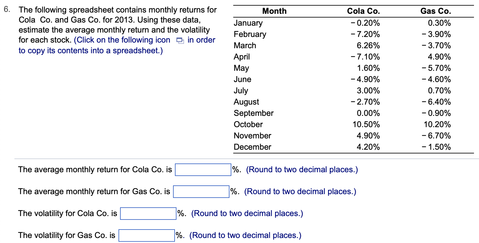 Solved The following spreadsheet contains monthly returns | Chegg.com