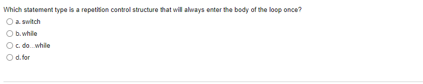 Solved Which statement type is a repetition control | Chegg.com