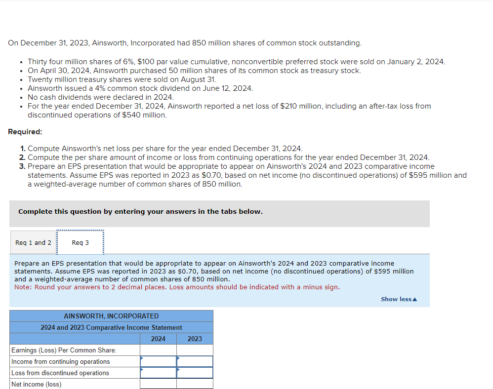 Solved On December 31, 2023, Ainsworth, Incorporated had 850 | Chegg.com