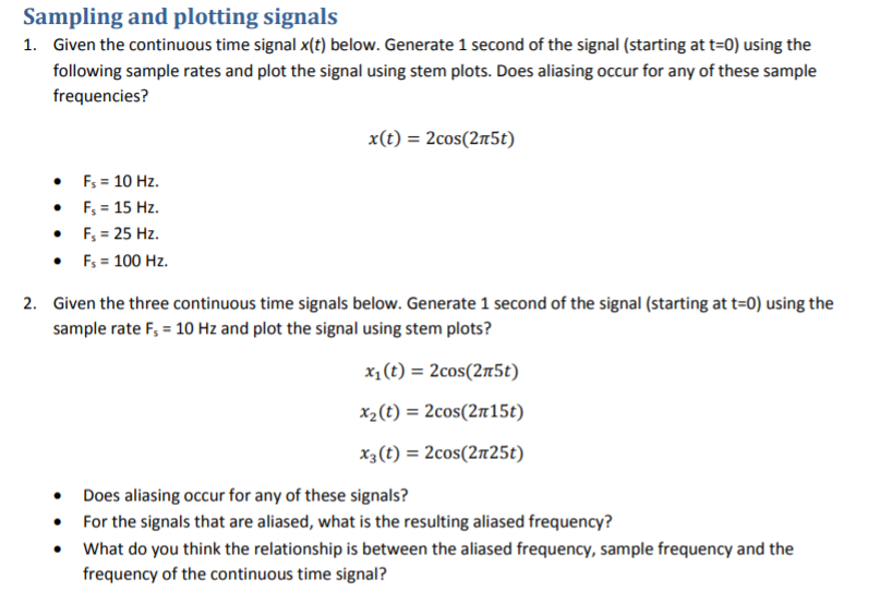 Solved Sampling and plotting signals 1. Given the continuous | Chegg.com