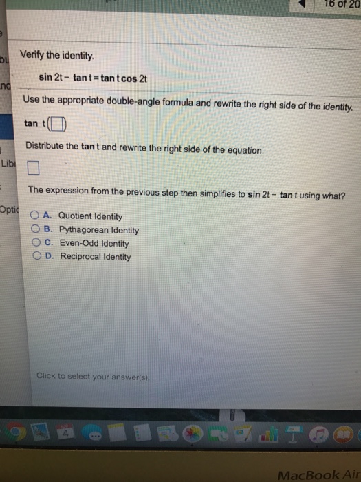 Solved Verify the identity. sin 2t - tan t = tan t cos 2t | Chegg.com