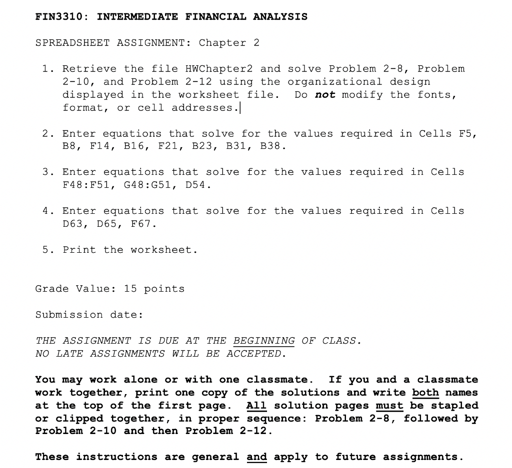 Solved FIN3310: INTERMEDIATE FINANCIAL ANALYSIS SPREADSHEET | Chegg.com