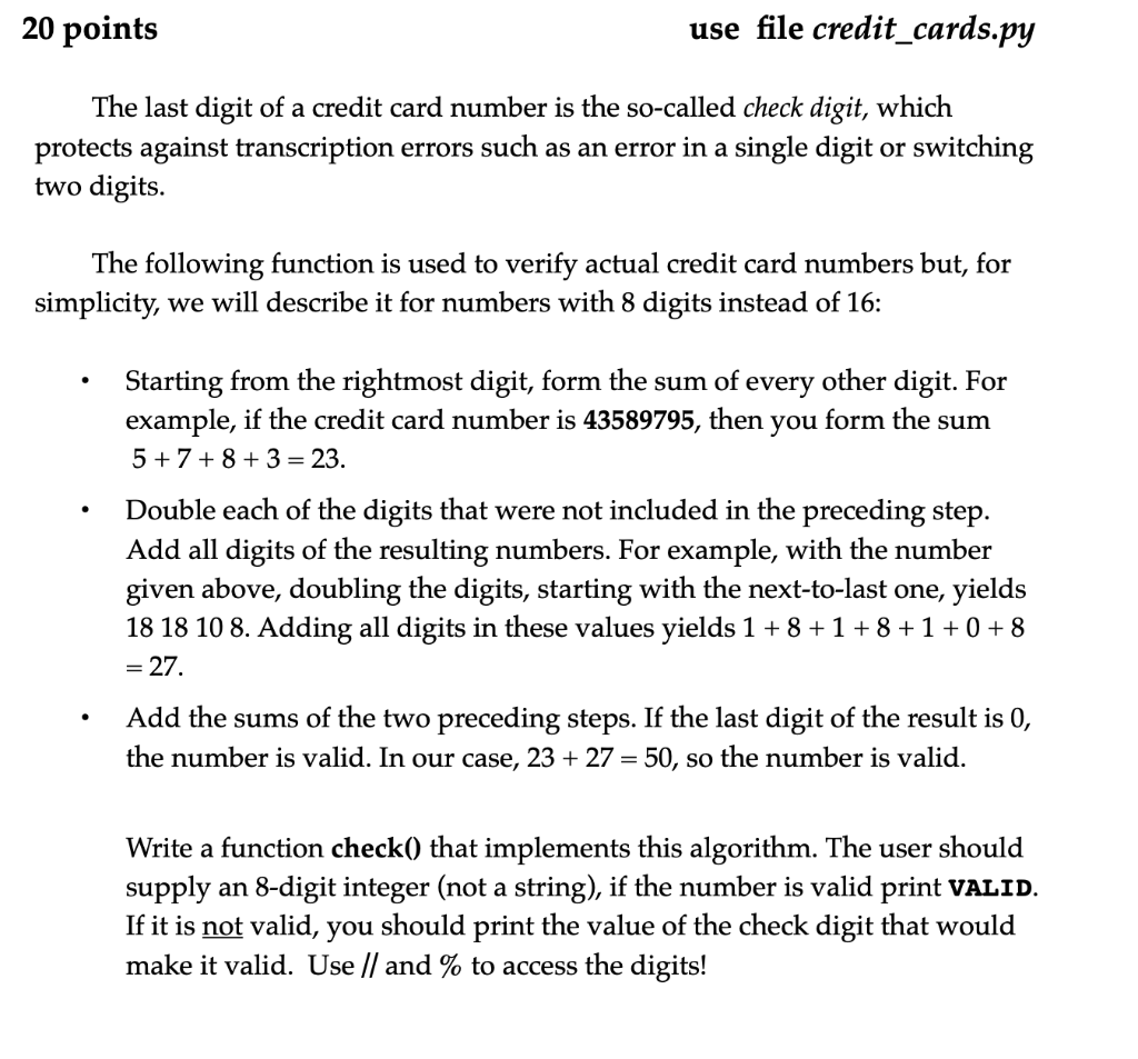 Solved points use file credit_cards.py The last digit of a | Chegg.com