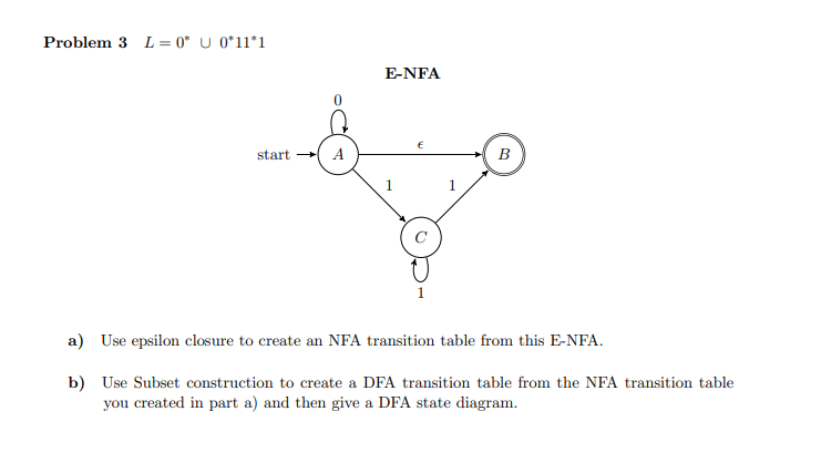 Solved Problem 3 L= q* U 0*11*1 E-NFA start A B 1 a) Use | Chegg.com