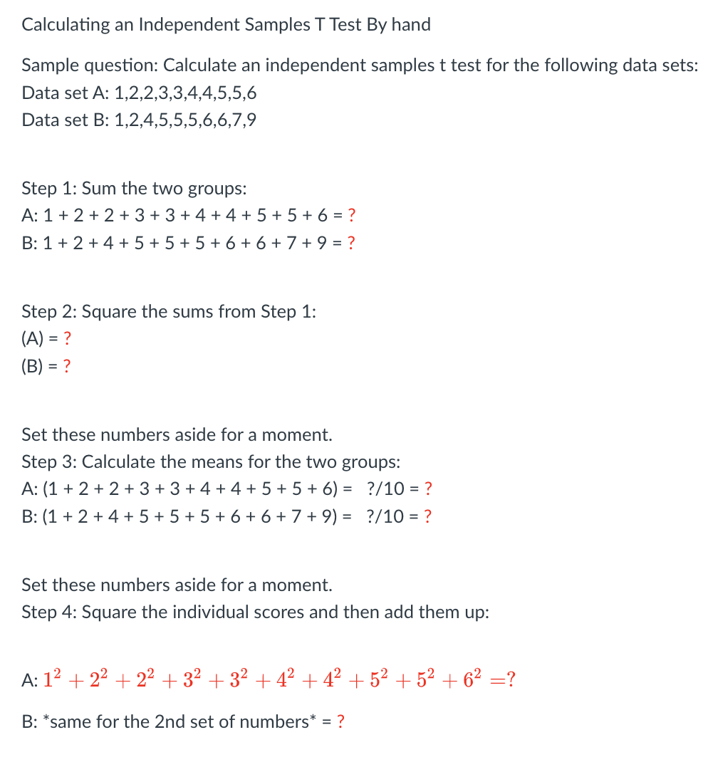 Solved Calculating an Independent Samples T Test By hand | Chegg.com