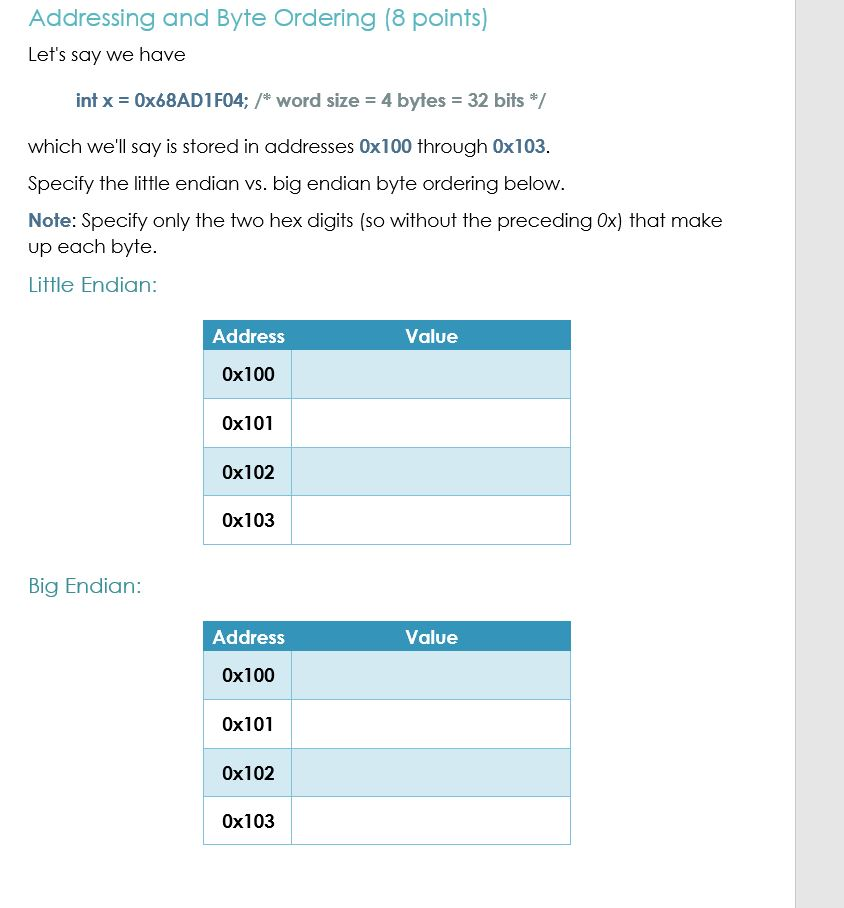 Solved Addressing and Byte Ordering (8 points) Let's say we | Chegg.com