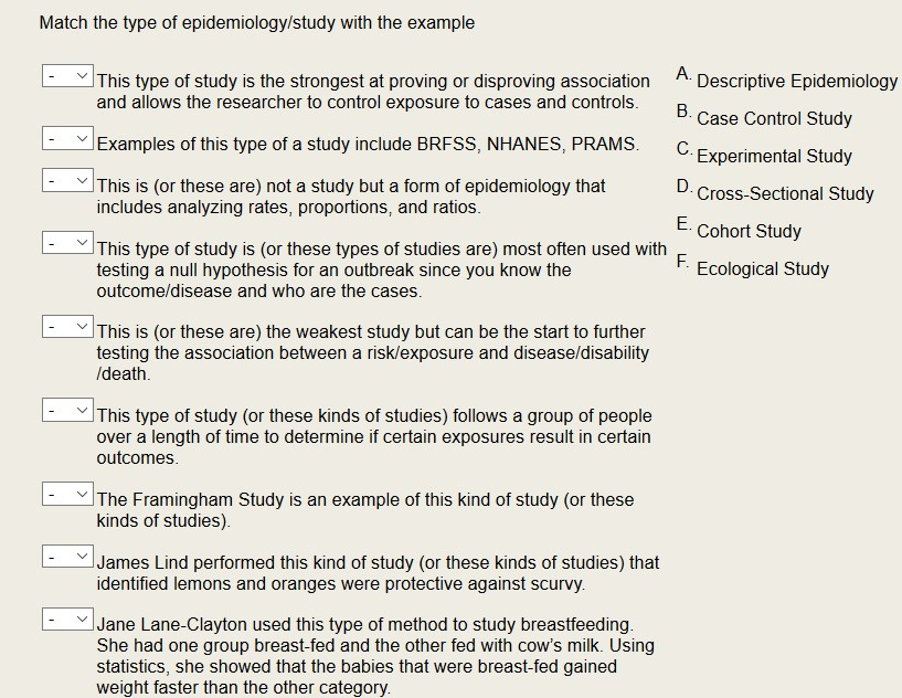 Solved Match the type of epidemiology/study with the example | Chegg.com