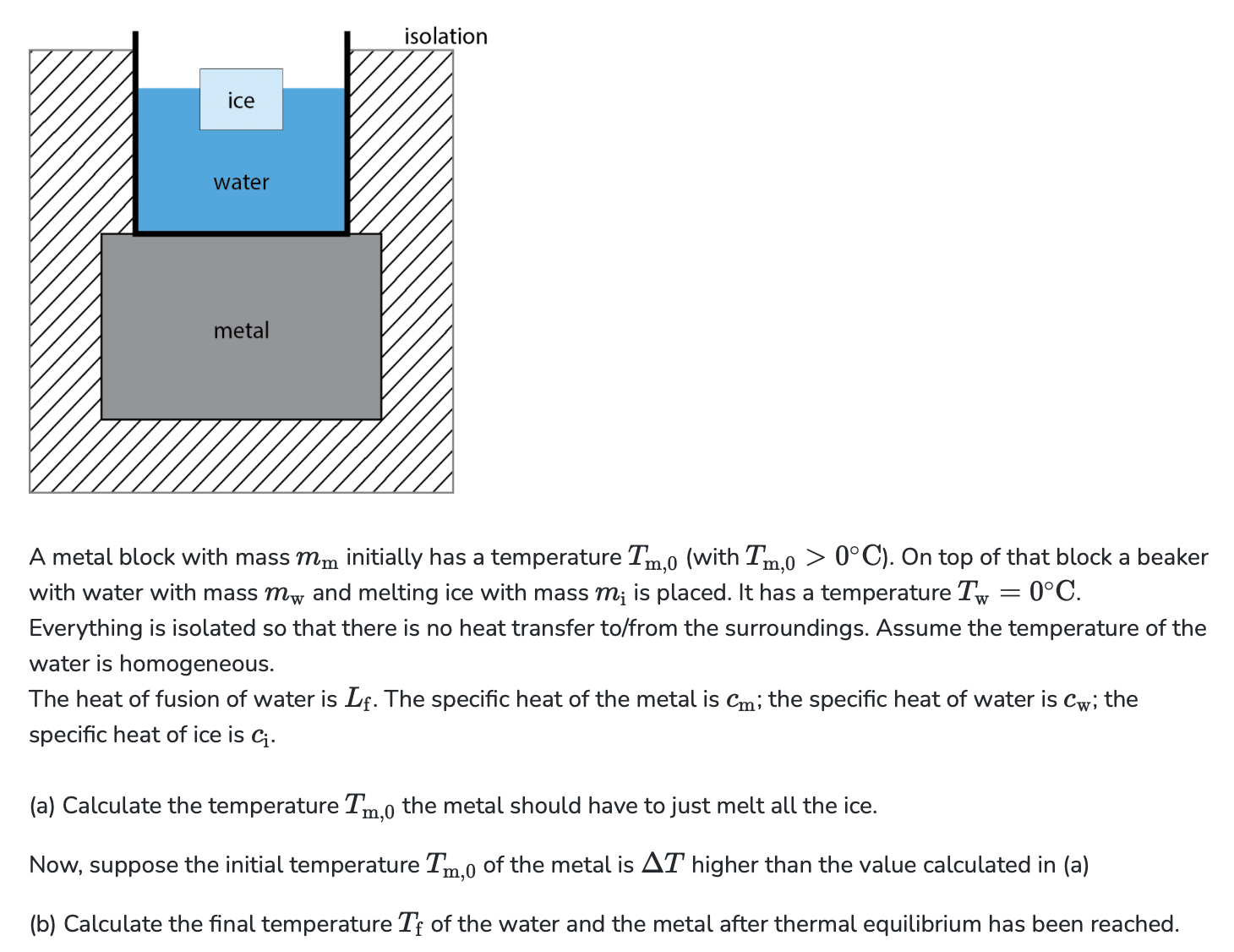 [Solved]: A metal block with mass ( m_{ mathrm{m}} ) ini