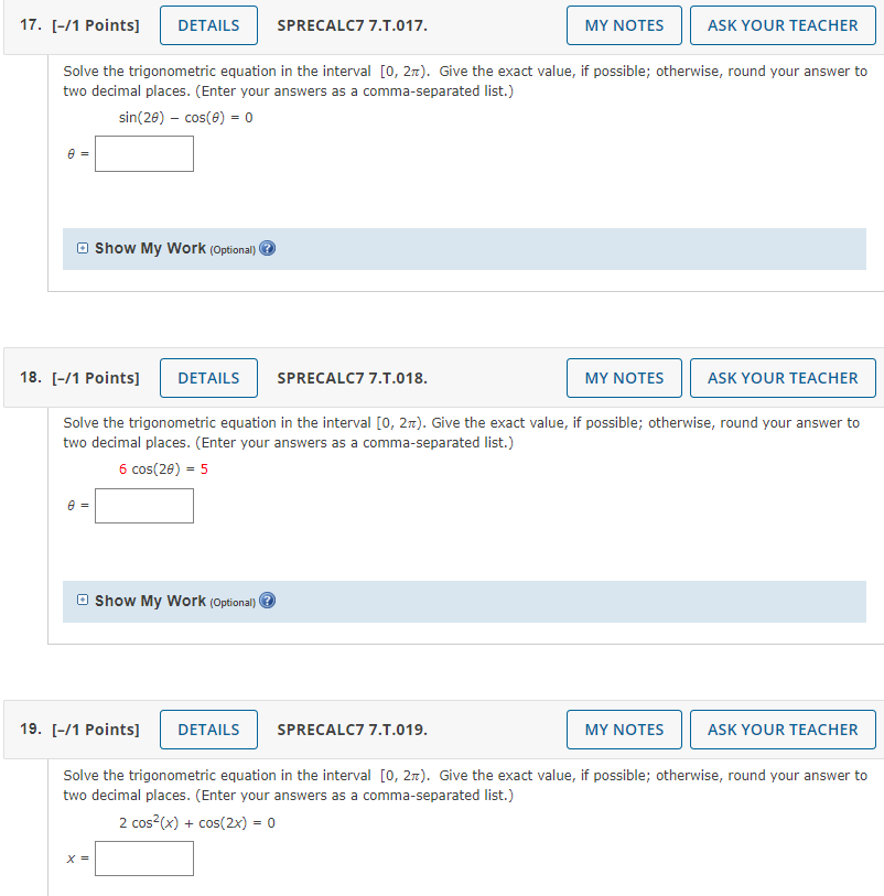 Solved Solve the trigonometric equation in the interval | Chegg.com