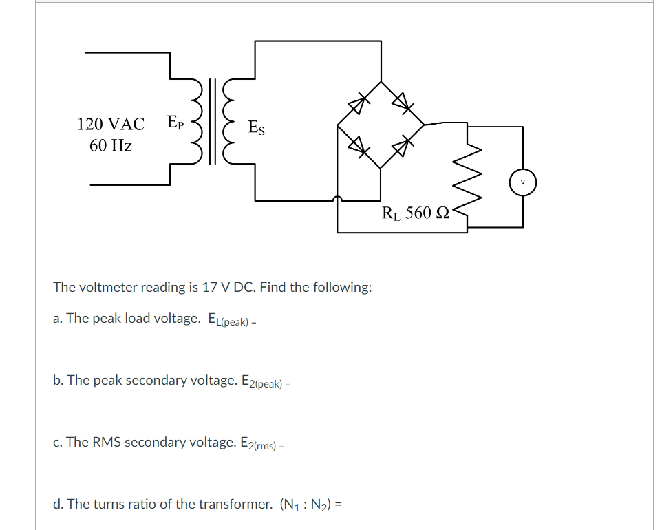 Solved d. The turns ratio of the transformer. (N1:N2)= | Chegg.com