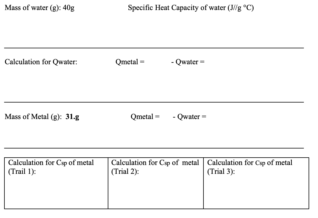 Solved Answer Specific Heat Capacity of water (J//g | Chegg.com