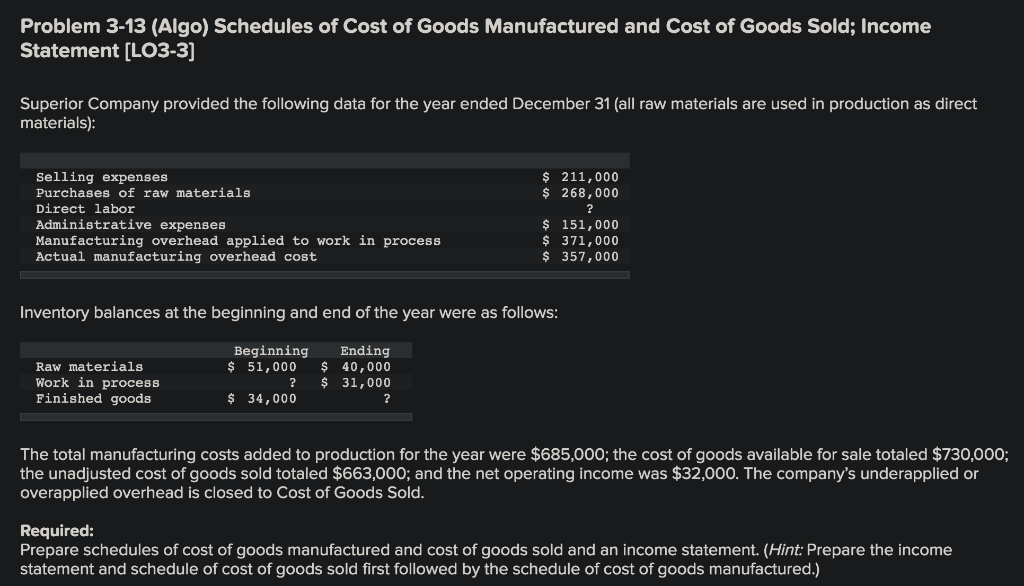 Solved Problem 3-13 (Algo) Schedules of Cost of Goods | Chegg.com