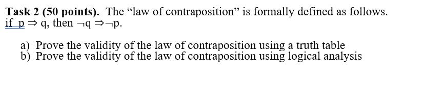 Solved Task 2 (50 points). The "law of contraposition" is | Chegg.com
