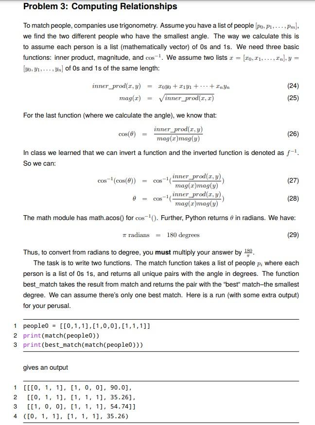 Solved Problem 3: Computing Relationships To match people, | Chegg.com