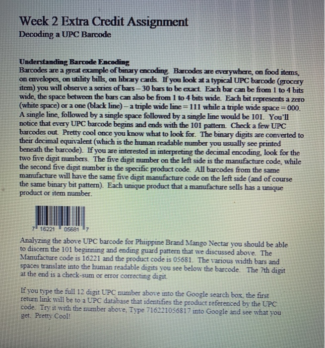Week 2 Extra Credit Assignment Decoding a UPC Barcode | Chegg.com