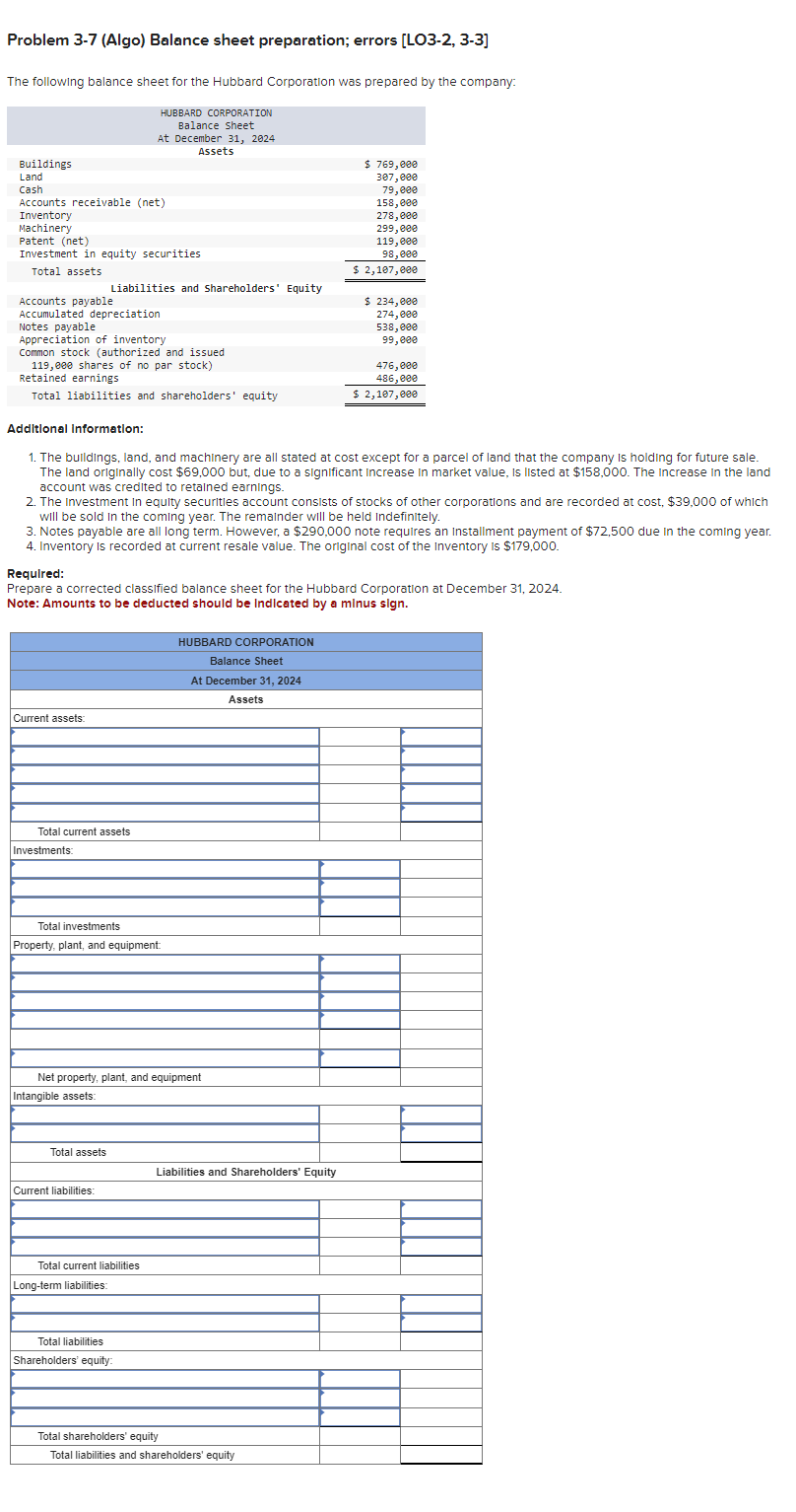 Solved Problem 3-7 (Algo) Balance sheet preparation; errors | Chegg.com Solved Problem 3-7 (Algo) Balance sheet preparation; errors | Chegg.com