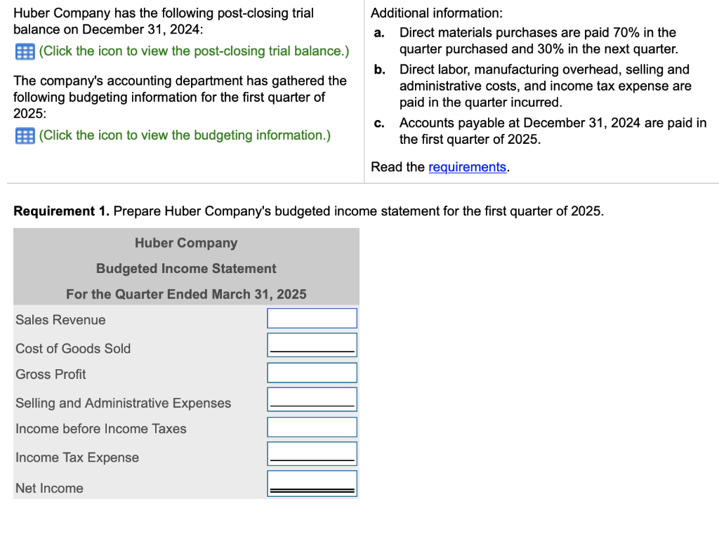 Solved Huber Company has the following post-closing trial | Chegg.com