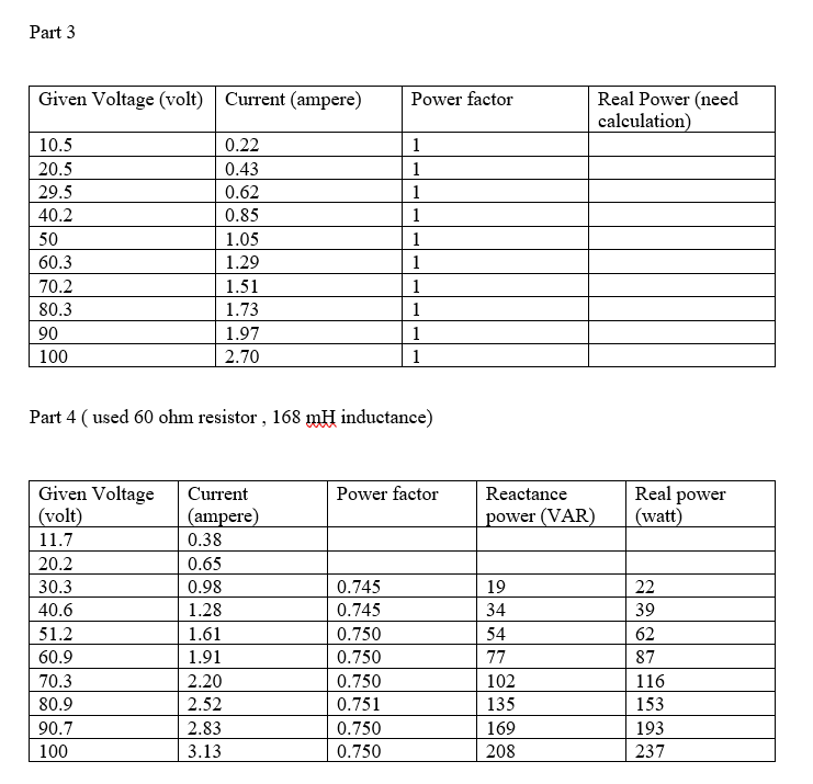 Solved Part 3 Given Voltage (volt) Current (ampere) Power | Chegg.com