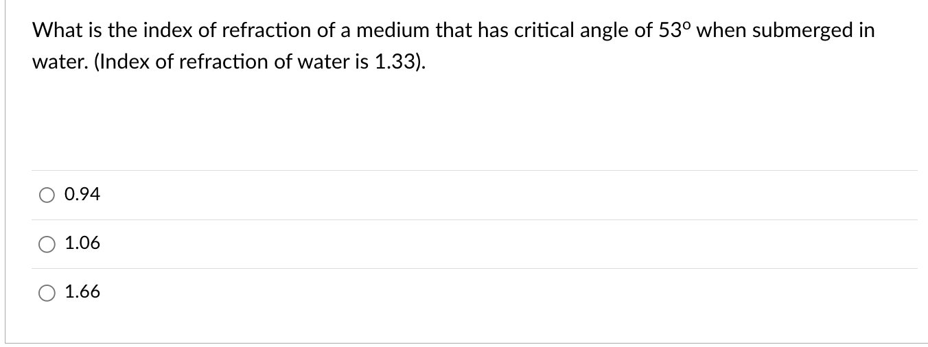 Solved What is the index of refraction of a medium that has | Chegg.com