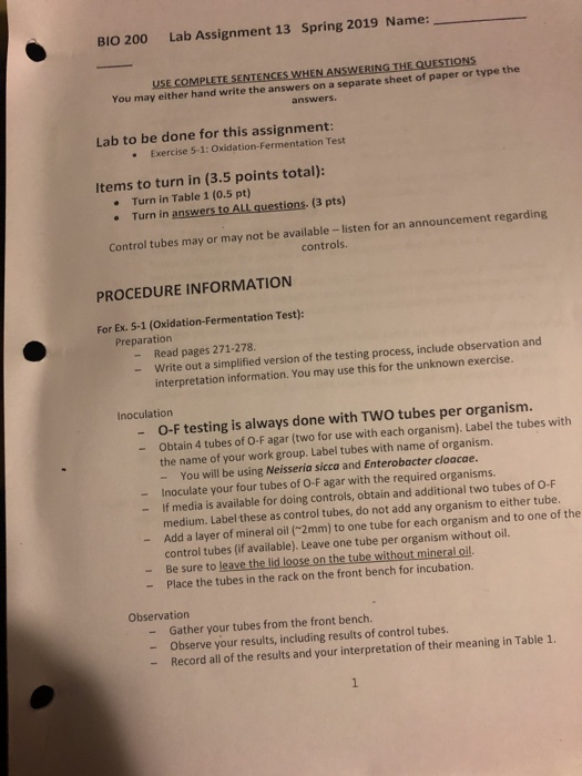 BIO 200 Lab Assignment 13 Spring 2019 Name: USE | Chegg.com